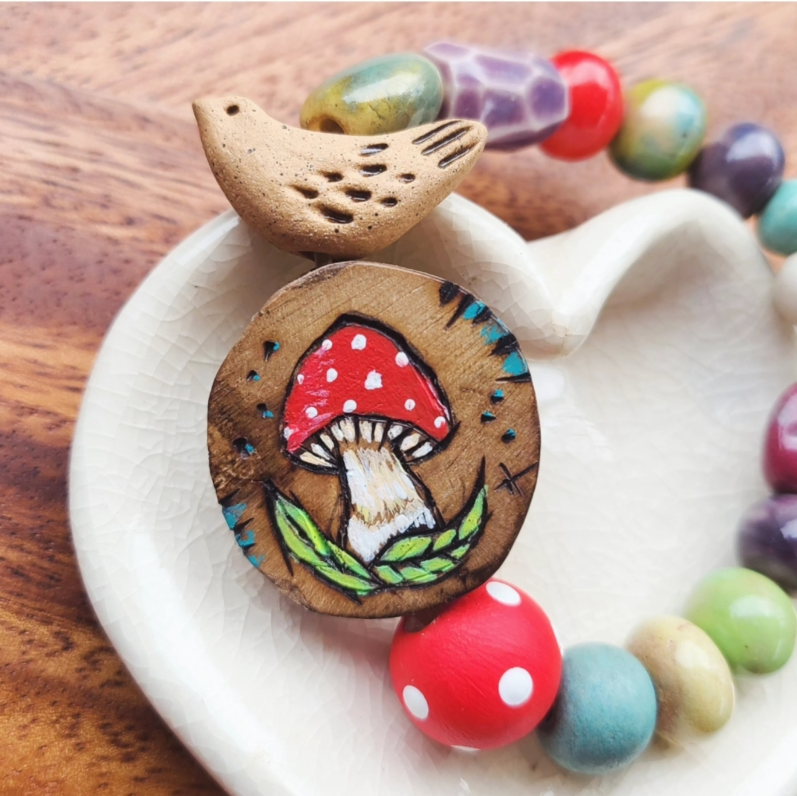 Pretty Forest / Wood Burned Focal Bead with Ceramic Bead Stretch ...